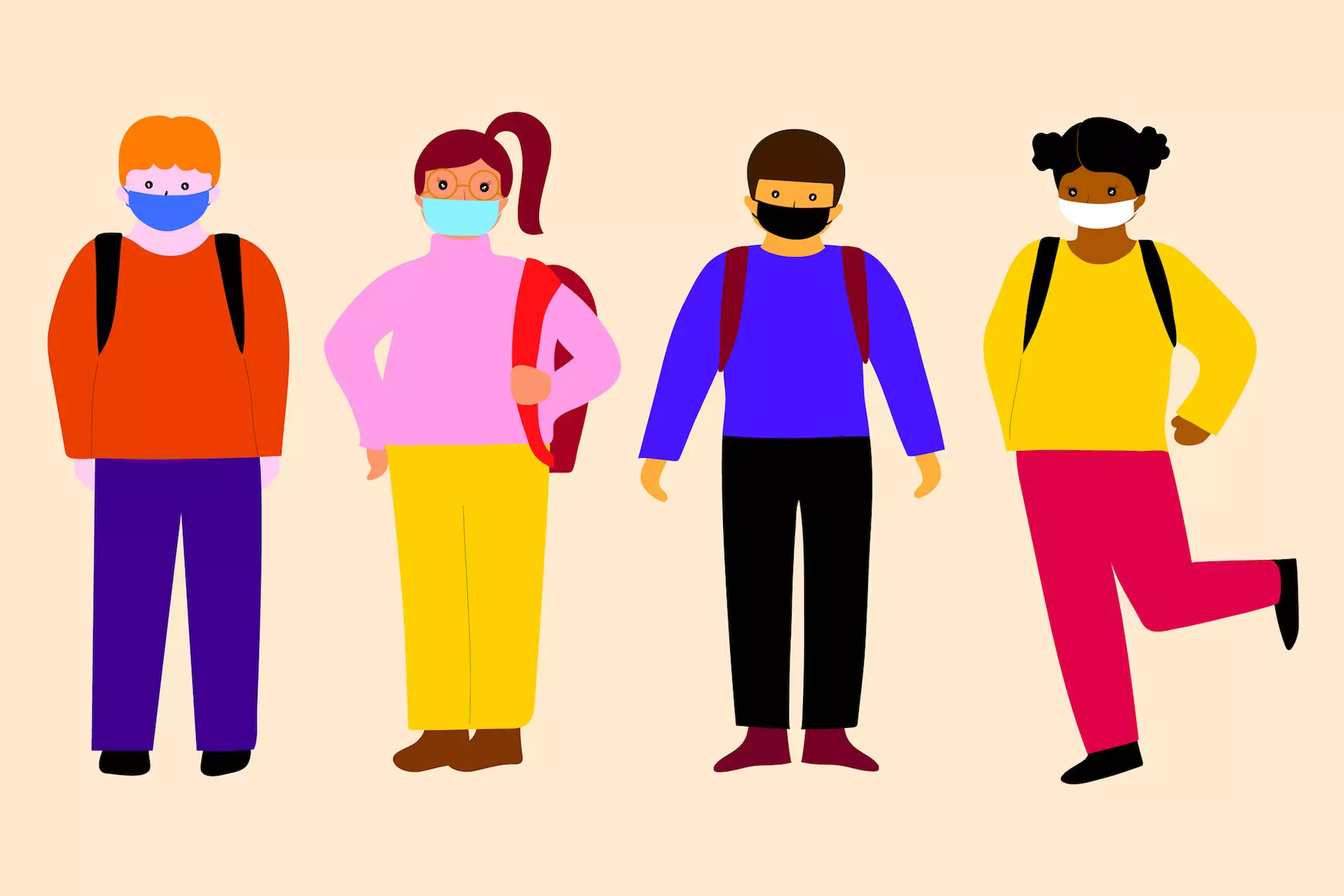 Eine Illustration von vier Kindern, die Masken tragen, als sie zur Schule gehen