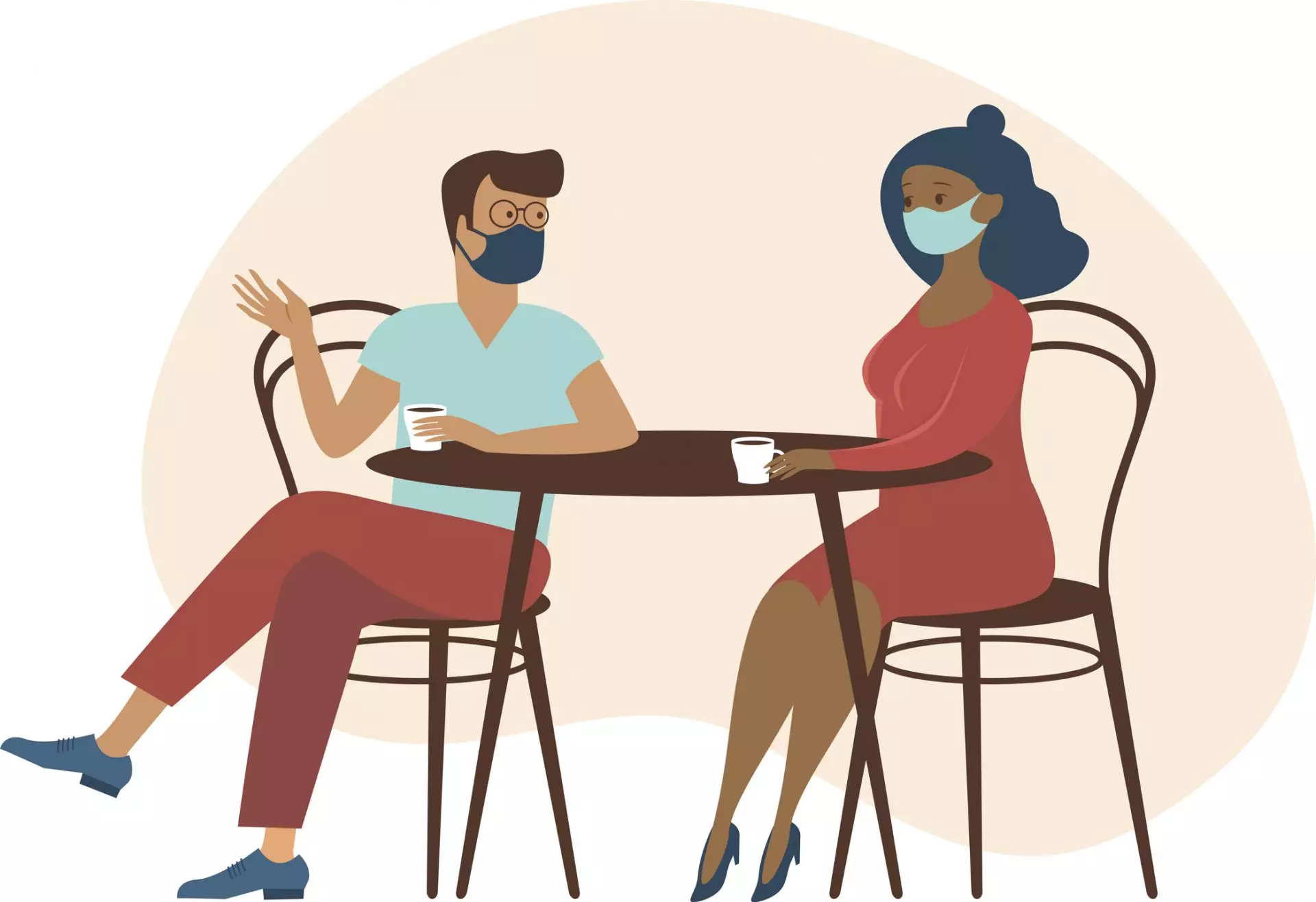 Pasangan lucu mengenakan topeng medis pelindung duduk di meja, minum teh atau kopi dan berbicara. Peraturan kunjungan kafe baru selama wabah virus corona COVID-19. Konsep karantina dan jarak sosial. Ilustrasi vektor kartun datar.