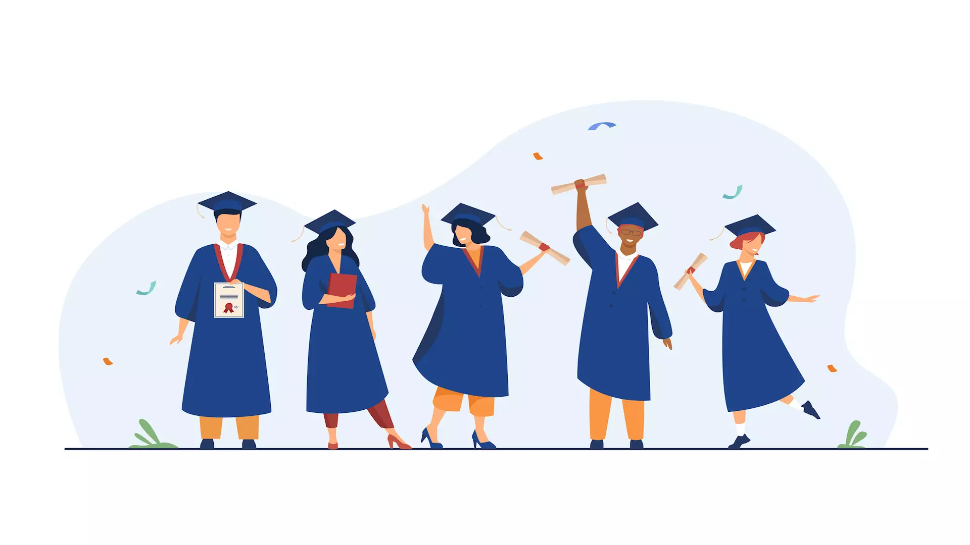 五名大学生罪帽和长袍提高他们的文凭的插图