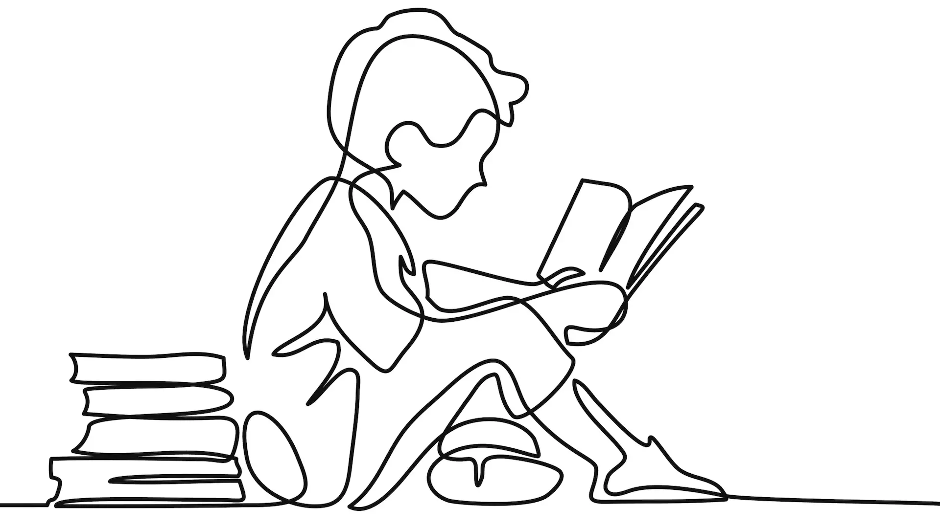 Um menino lendo, delineado em preto e branco. Desenvolvendo habilidades de leitura em casa.