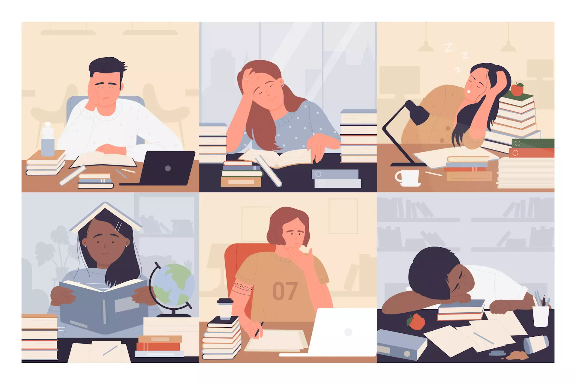 6명의 학생이 번아웃을 겪고 있는 동안 공부하고 숙제를 하는 모습을 보여주는 그림(일에 주저앉아 머리를 넘기며 걱정하는 표정)
