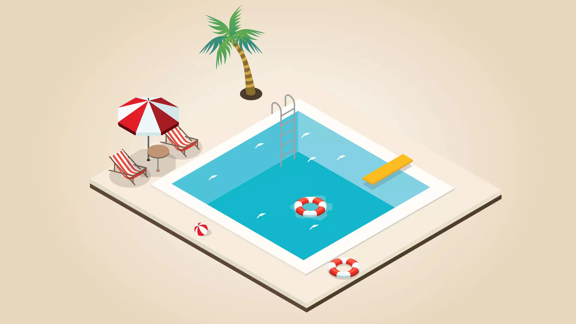 Ilustración dunha piscina con cadeiras de praia e unha palmeira. Xogo de auga.