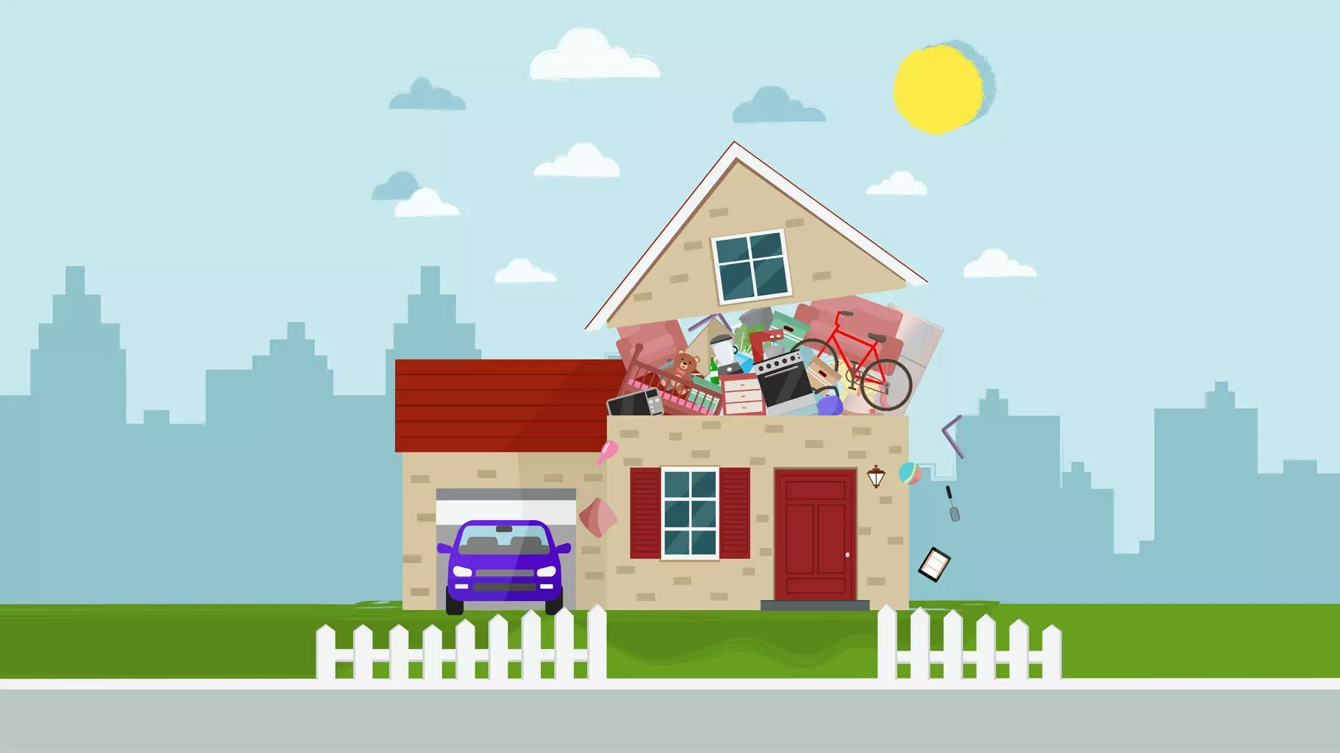 Een illustratie van een overvol huis staat voor buitensporige rommel en hamsteren.