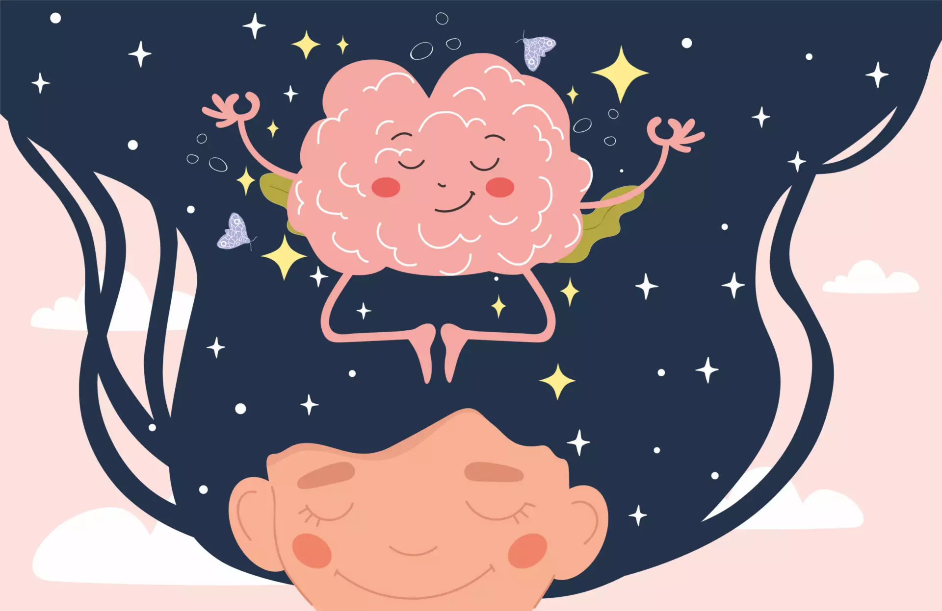Calm meditația creierului pentru a relaxa echilibrul sau conceptul de bunăstare mentală. Personaj de fată și orgă cu control al păcii drăguț și amuzant și concentrare a minții. Armonia psihologică. Ilustrație vectorială plată de desene animate
