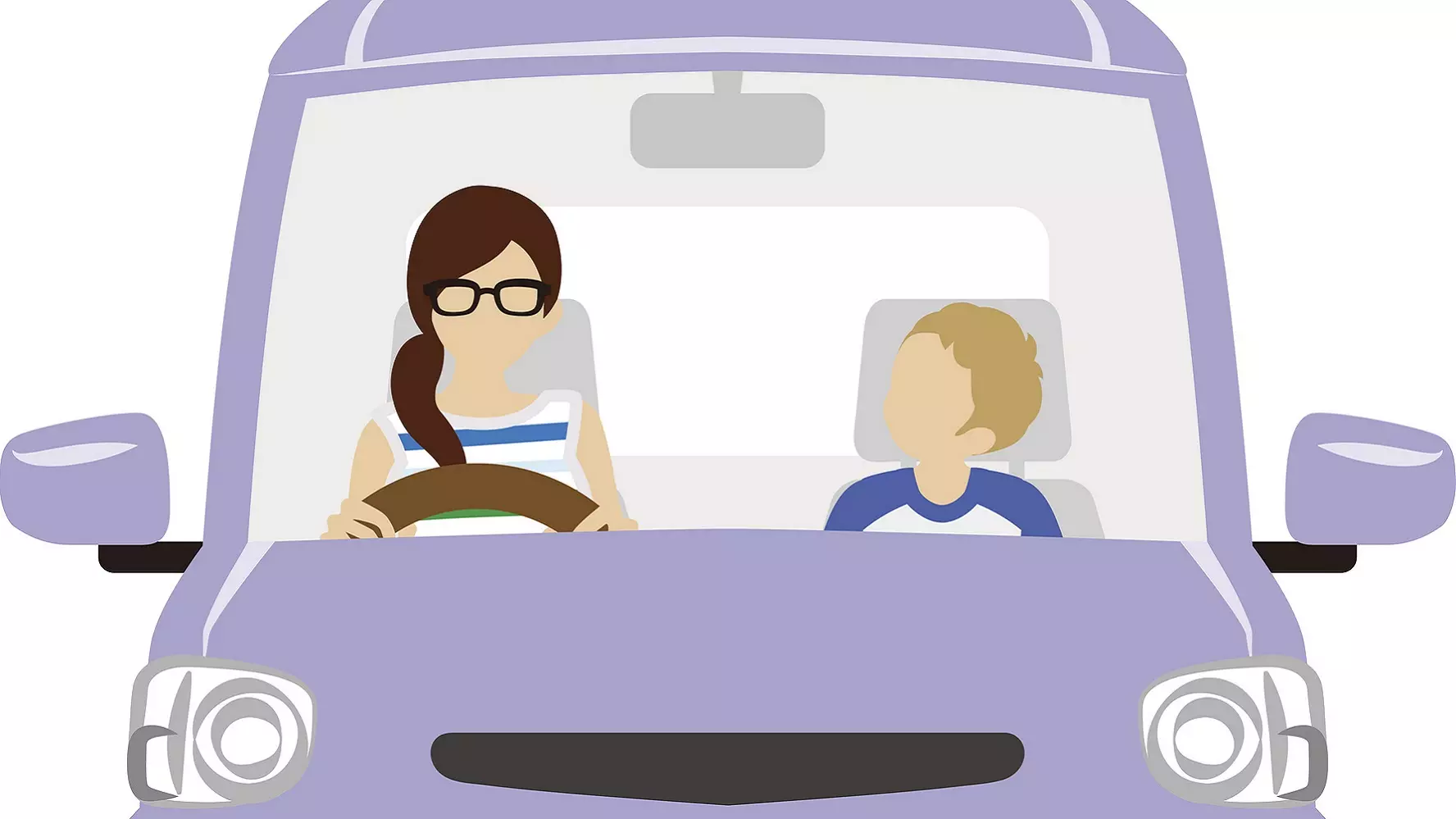 Mutter und Sohn, die das lila Auto fahren, sprechen über die Überwindung sozialer ADHS-Probleme