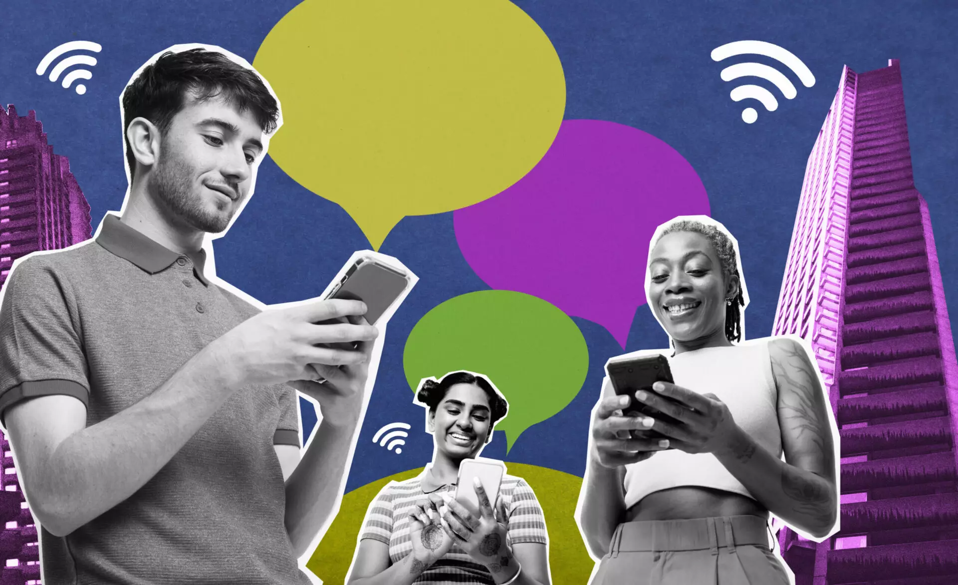 קולאז' של מבוגרים מודרניים המשתמשים בטלפונים חכמים בעיר עם אותות wifi