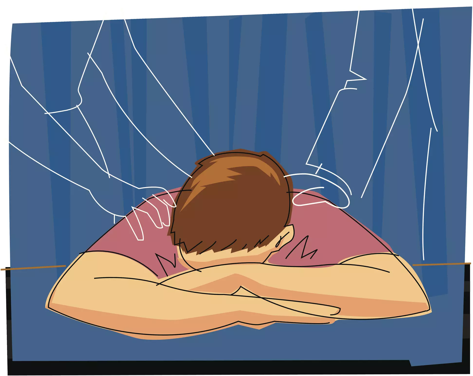 Un adolescent caucàsic masculí deprimit amb el cap als braços plegats i els contorns de les mans dels seus pares a l'esquena