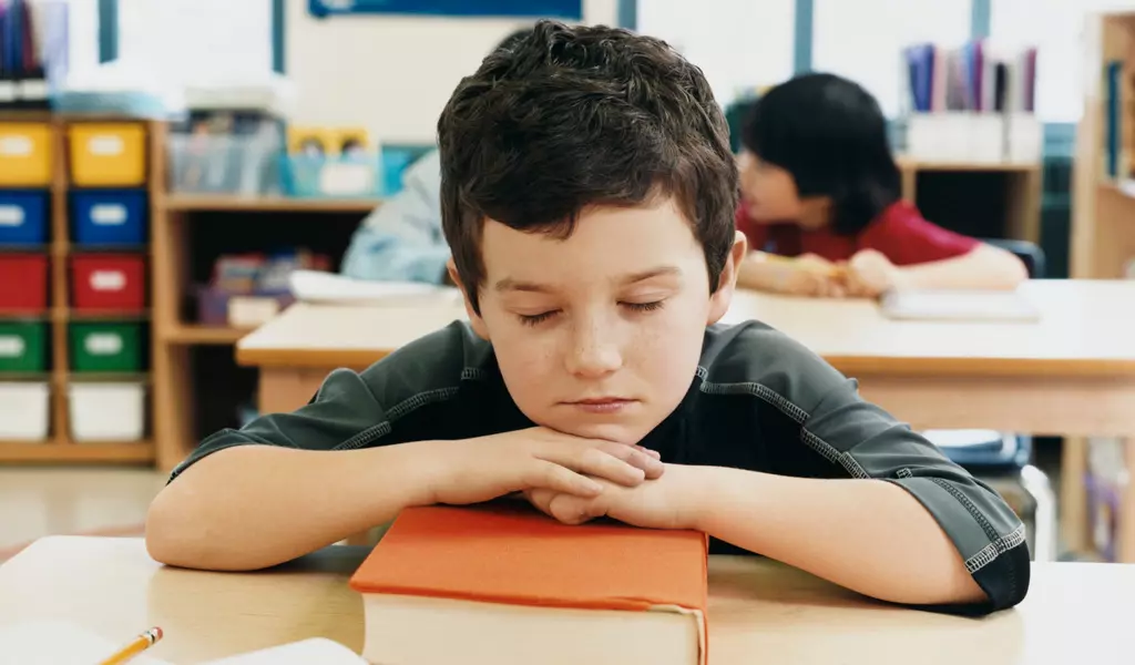 En dreng, der både er ADHD og begavet, hviler hovedet på en bog i timen
