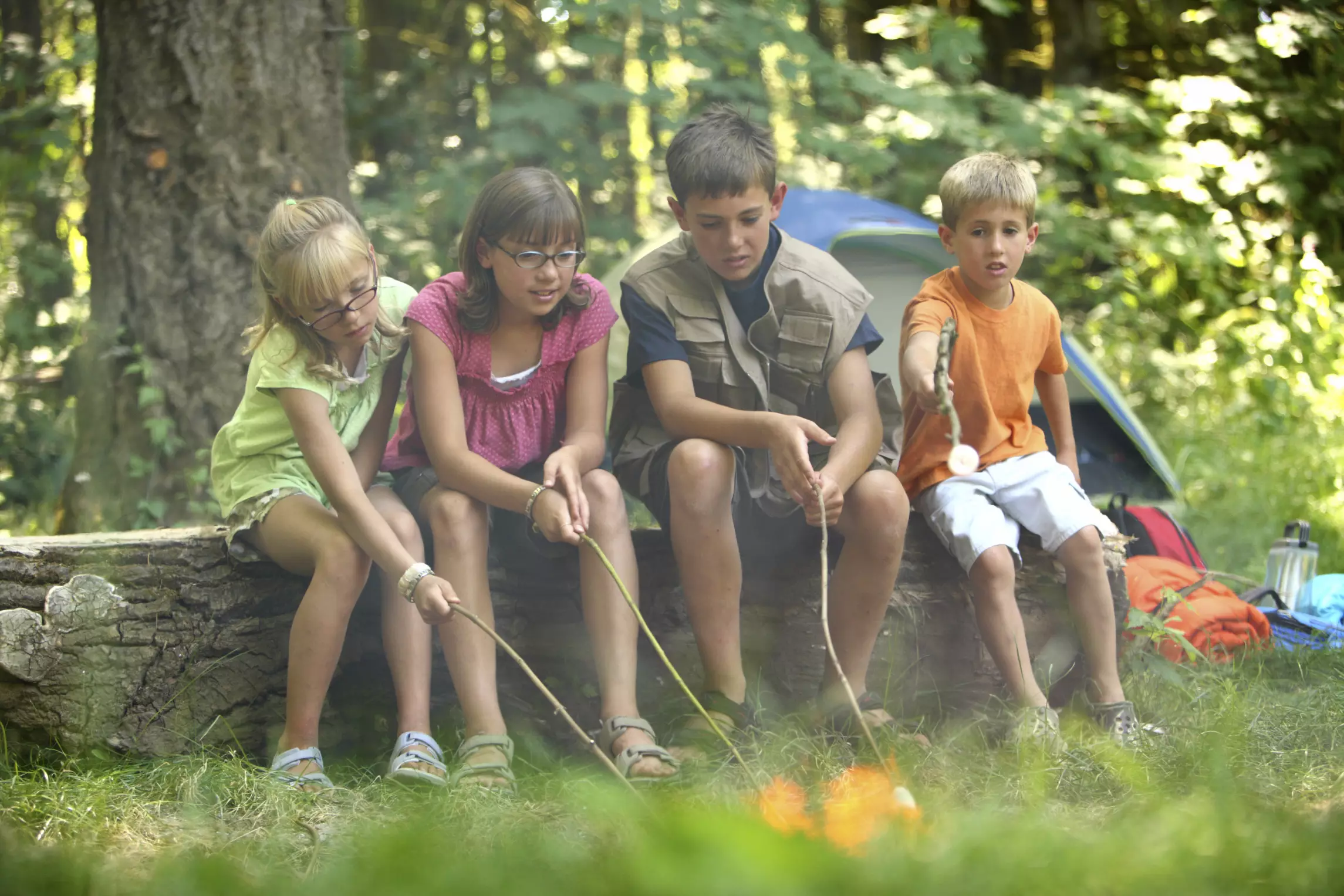 Nenos con TDAH no bosque ao redor da fogueira brindando malvaviscos
