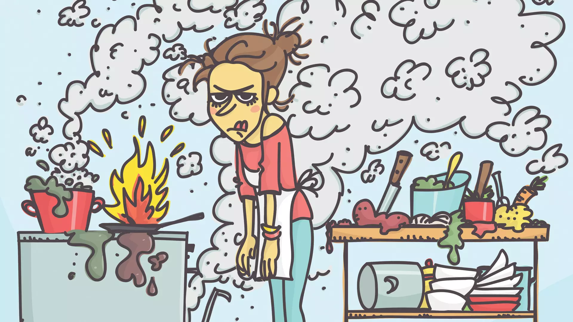 kvinde med ADHD brænder aftensmad, bliver frustreret i køkkenet, mens hun gør klar til at være vært for et middagsselskab