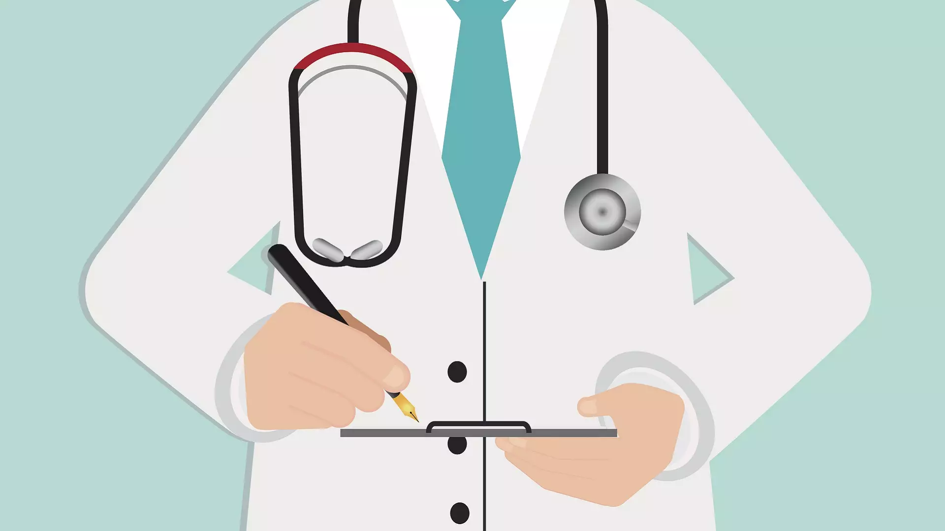 Lekarza w garniturze pisania dokumentacji medycznej do schowka, charakter ilustracja kreskówka wektor.