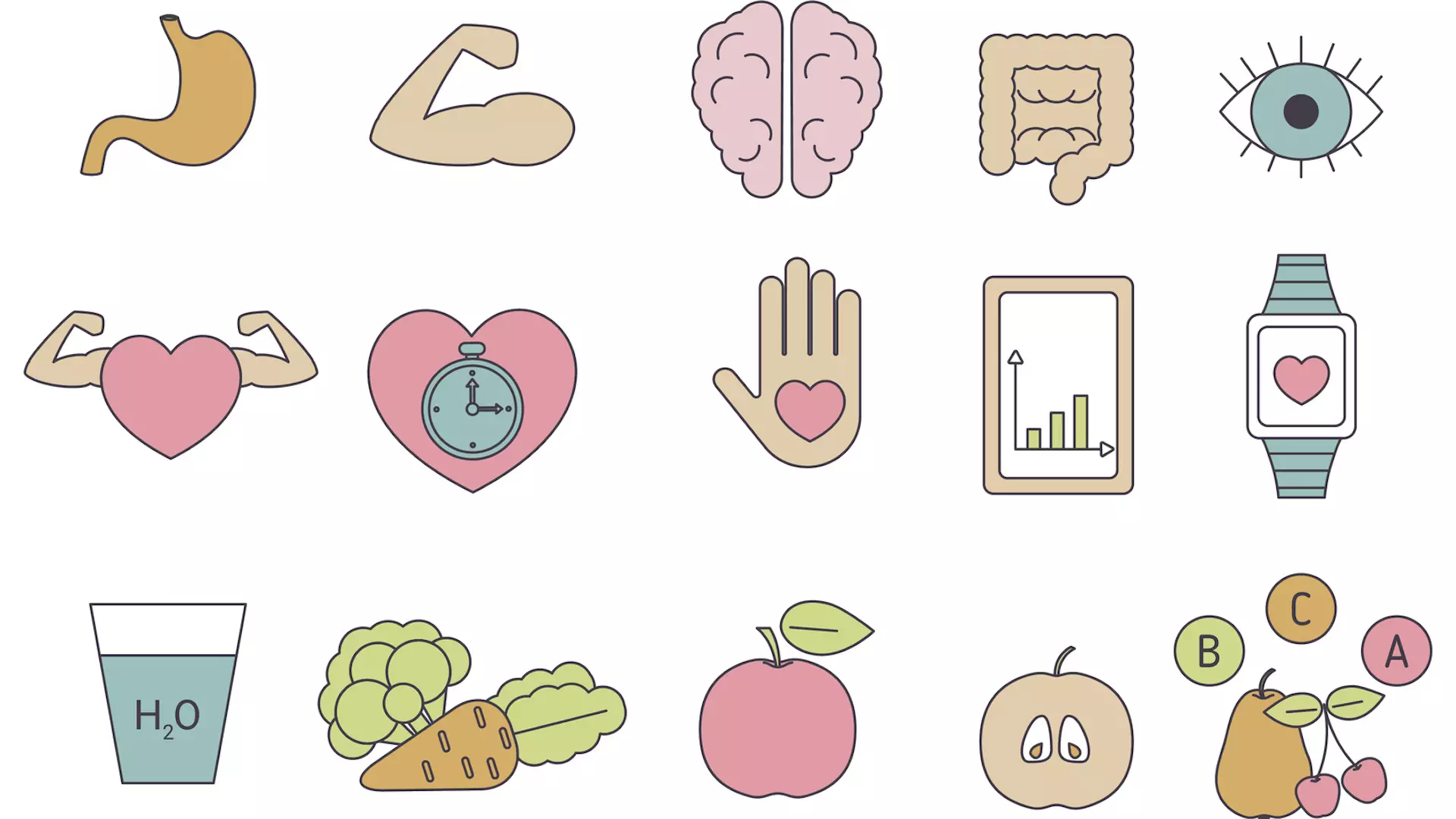 Symbole, die eine gesunde Lebensweise darstellen, wie Ernährung, Schlaf und Bewegung