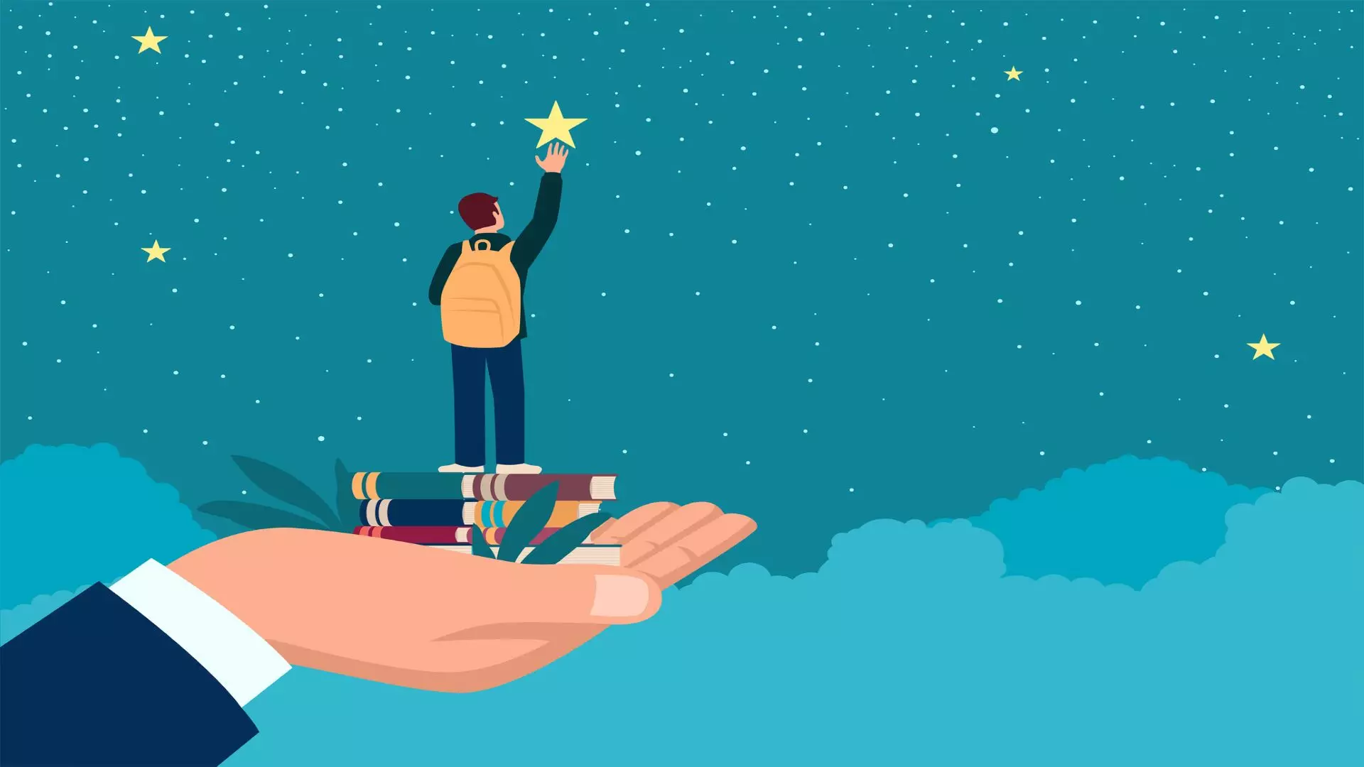 немотивированный ученик: концептуальная иллюстрация ученика, стоящего на ладони учителя и тянущегося к звездам.