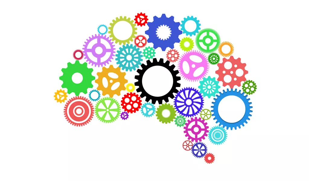 मस्तिष्क के आकार में व्यवस्थित रंगीन गियर का चित्रण, एडीएचडी छात्र के सोचने के तरीके का प्रतिनिधित्व करता है
