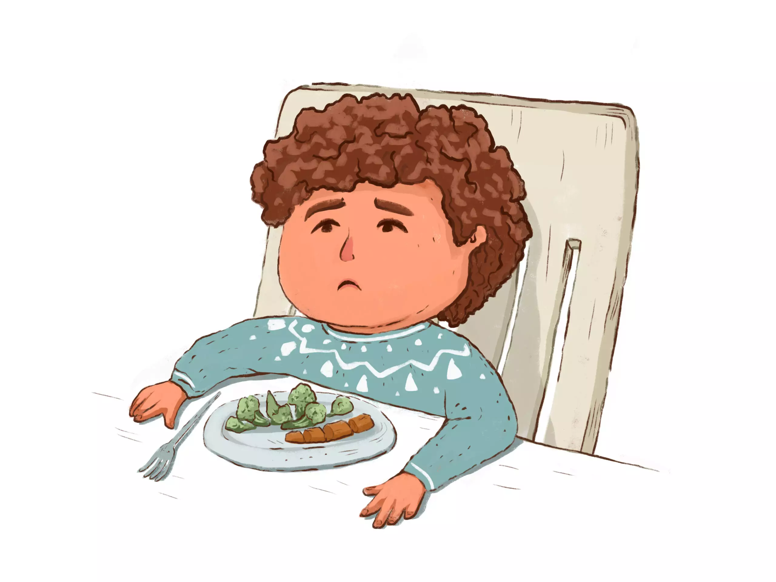 Illustration eines verärgerten Kindes, das mit einem Teller Brokkoli und Karotten an einem Tisch sitzt. Picky Esser isst kein gesundes Abendessen
