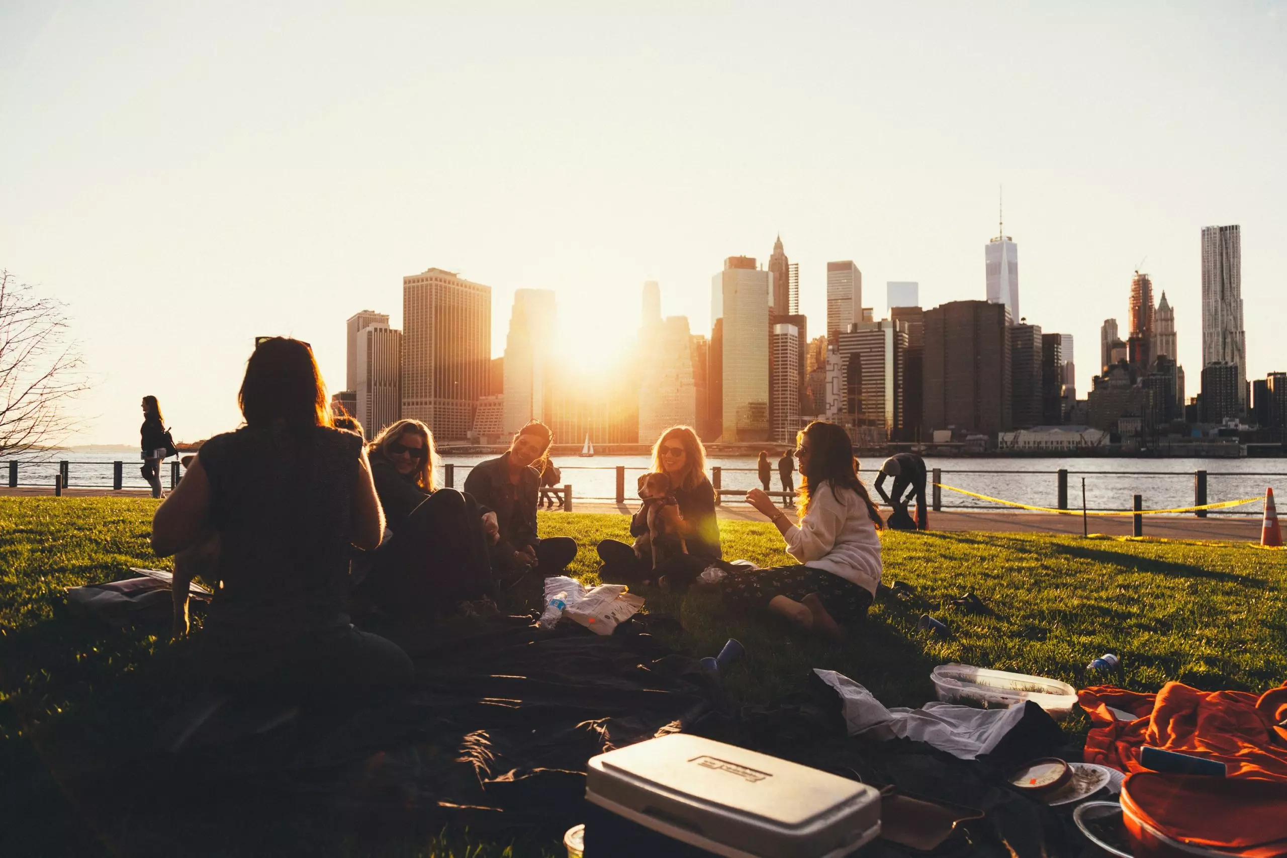 Prijatelji sa ADHD-om imaju piknik u Brooklyn Bridge Parku sa pogledom na horizont New Yorka iza sebe