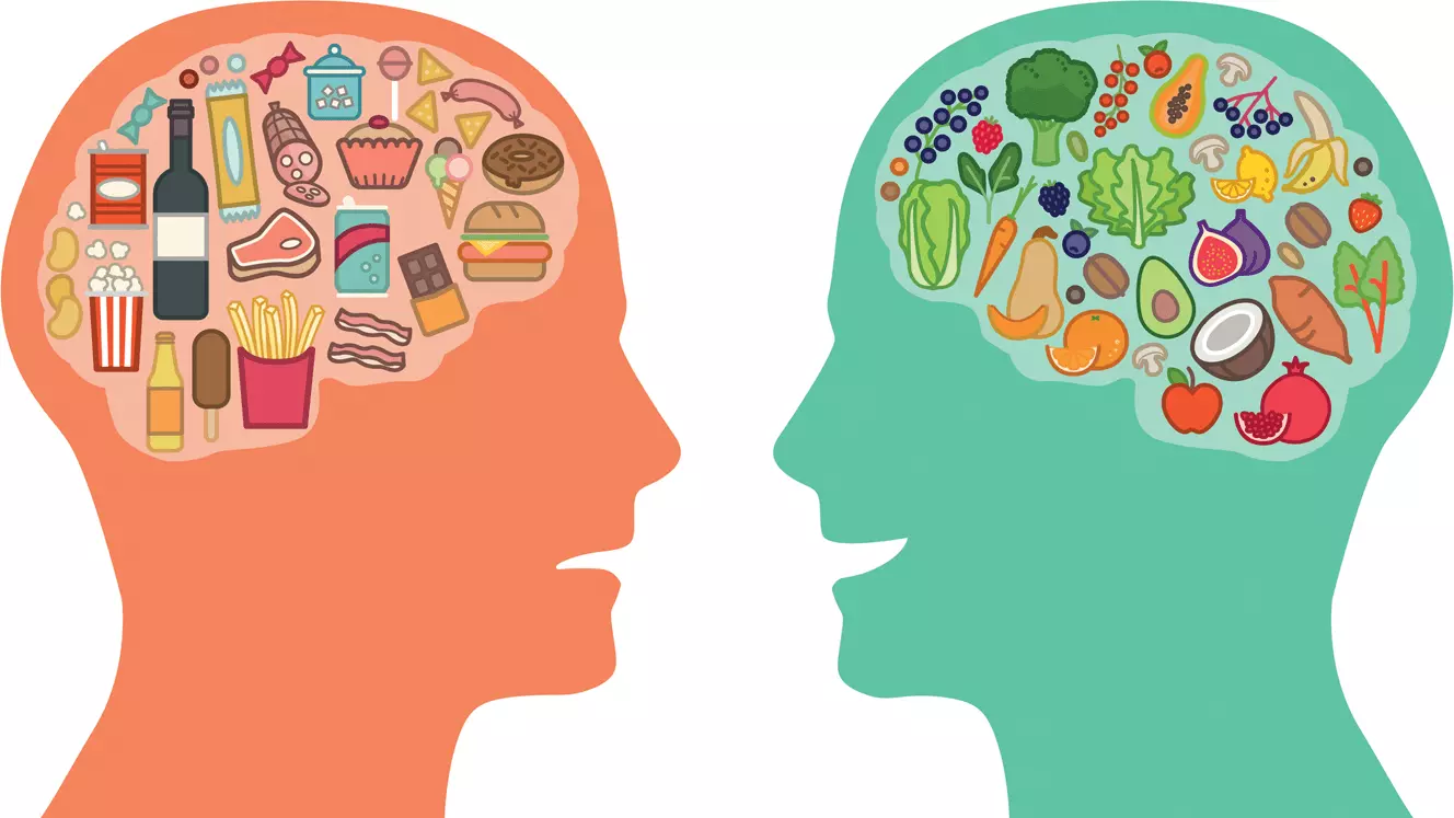 dviejų galvų siluetai, kurių smegenys pripildytos nesveiko ir ADHD palankaus maisto