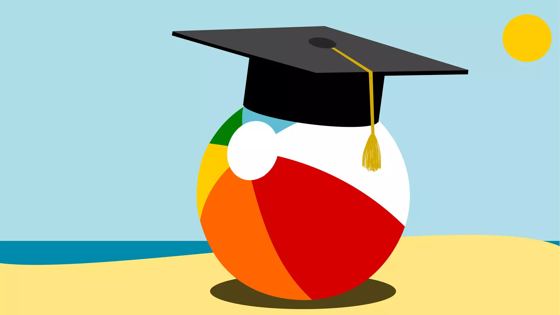 illustration d'un ballon de plage sur la plage portant une casquette de graduation noire