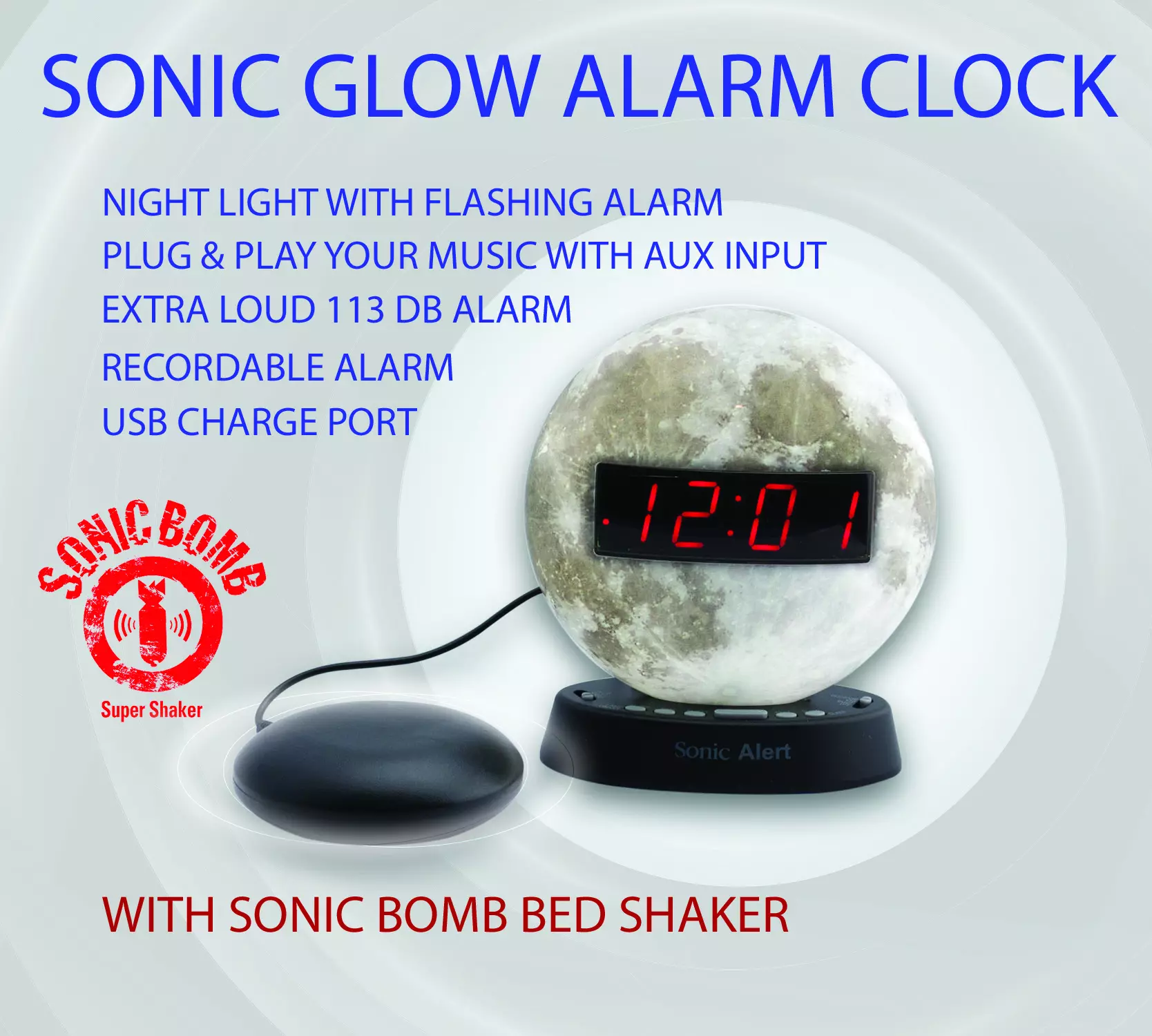 Sonic Blow Bed Shaker белән Sonic Glow Extra Loud Сигнализация сәгатен җиңегез