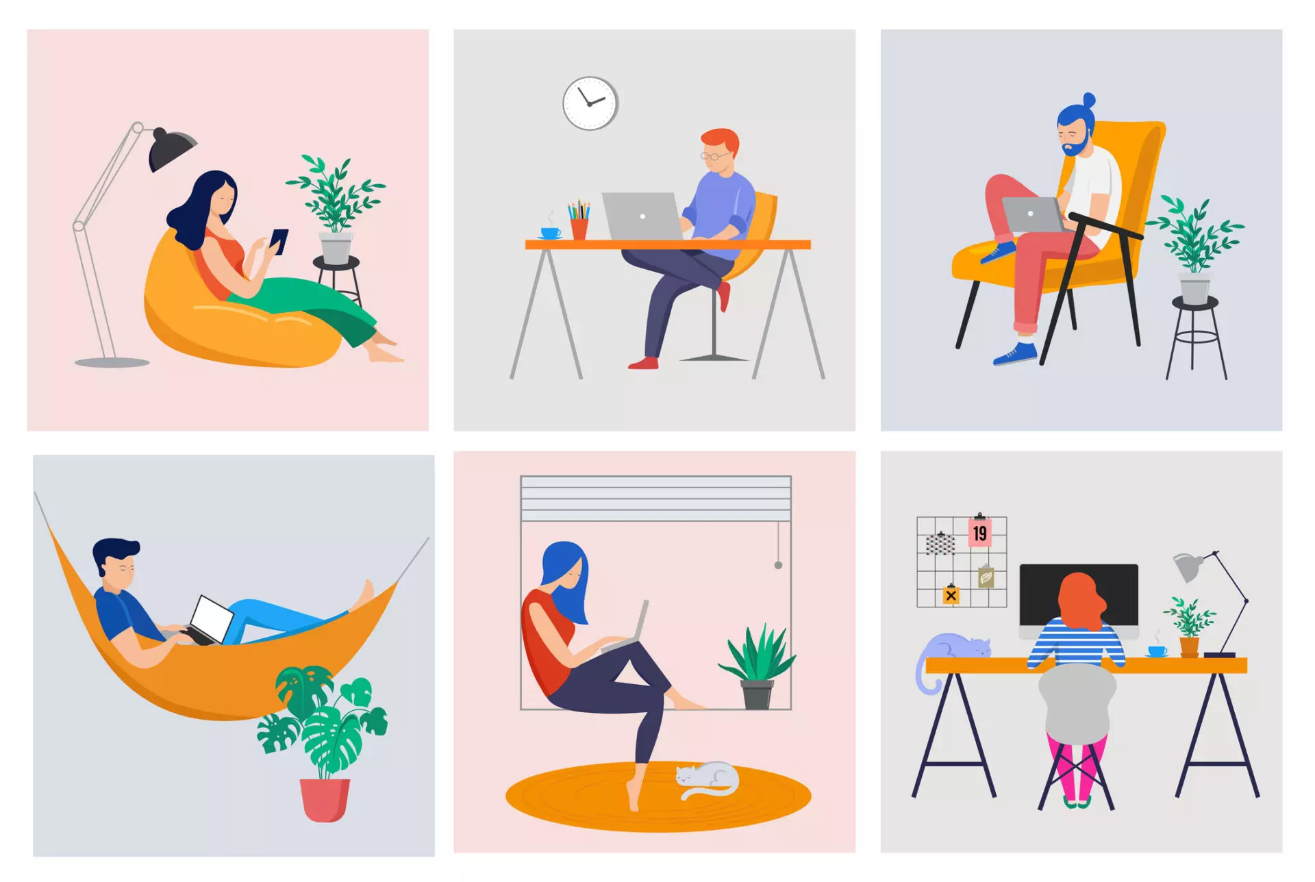 Doheem schaffen, Coworking Raum, Konzept Illustratioun. Jonk Leit, Mann a Fra Freelancer schaffen op Laptops a Computeren doheem. Vector flaach Stil Illustratioun