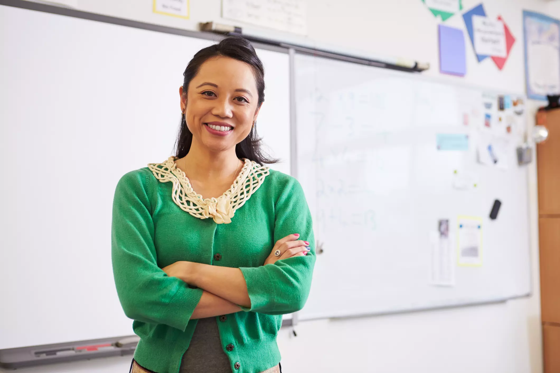 कक्षा में एडीएचडी छात्रों वाली आत्मविश्वास से भरी महिला शिक्षक का पोर्ट्रेट