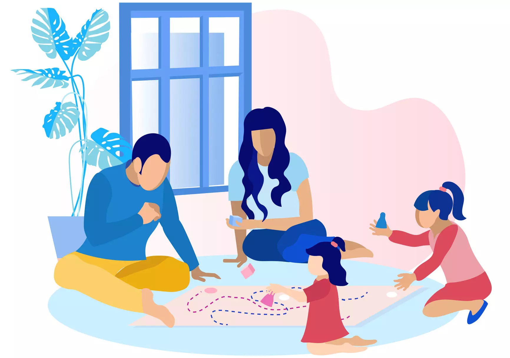 والدین با کودکان در حال بازی در خانه. کارتون تخت مادر، پدر و دو دختر در سنین مختلف که با هم در اتاق نشیمن وقت می گذرانند. والدین و کودکی مبارک. تصویر برداری