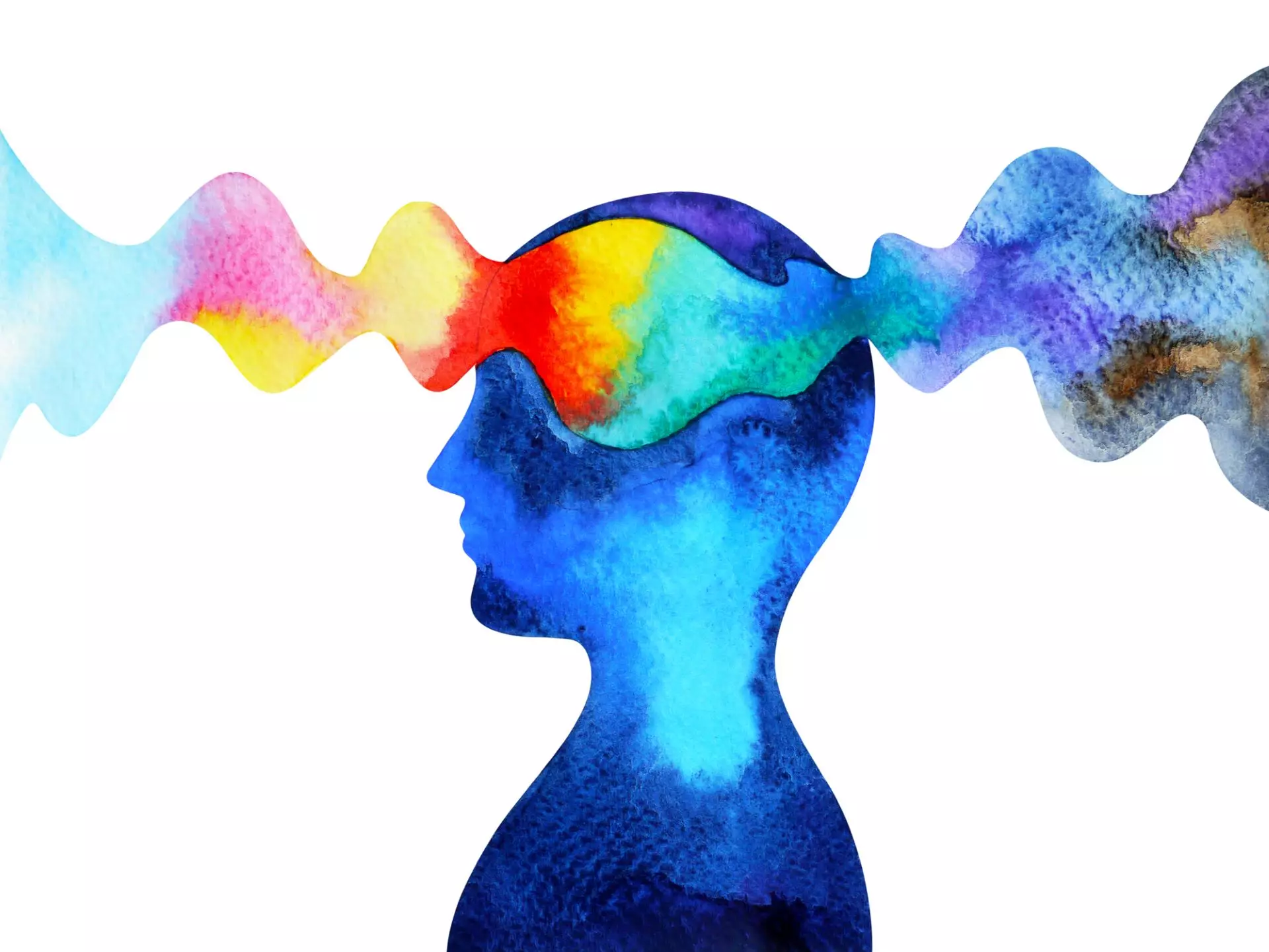 DESR: Koncept ilustrácie myšlienok a pocitov v mozgu. Pás farieb prechádzajúci cez hlavu siluety.