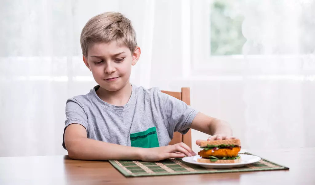 एडीएचडी वाला लड़का इलाज से भूख कम होने के बाद मेज पर चिकन सैंडविच को धक्का देता है
