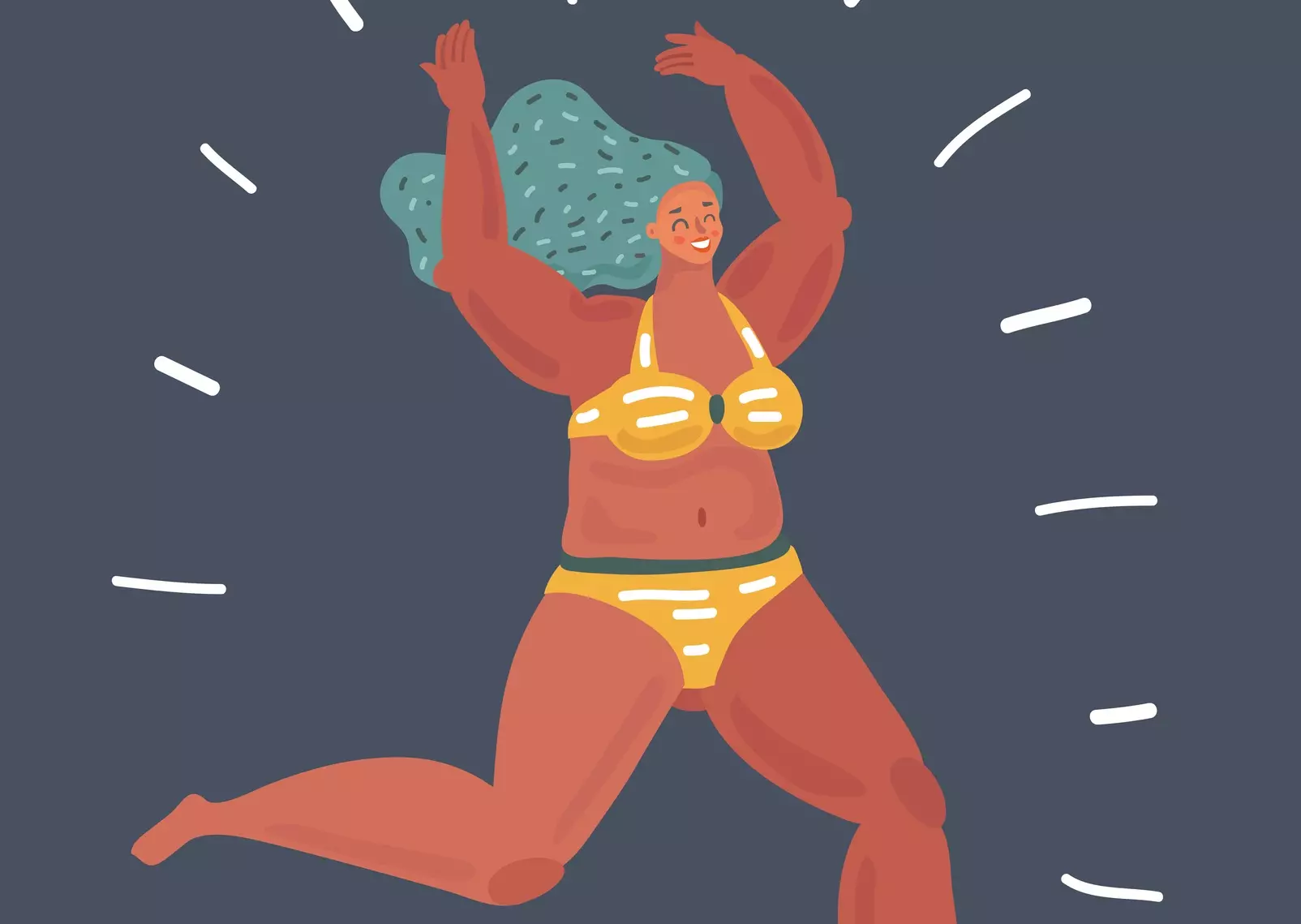 Unha ilustración dunha muller de corpo positivo sorrindo e saltando