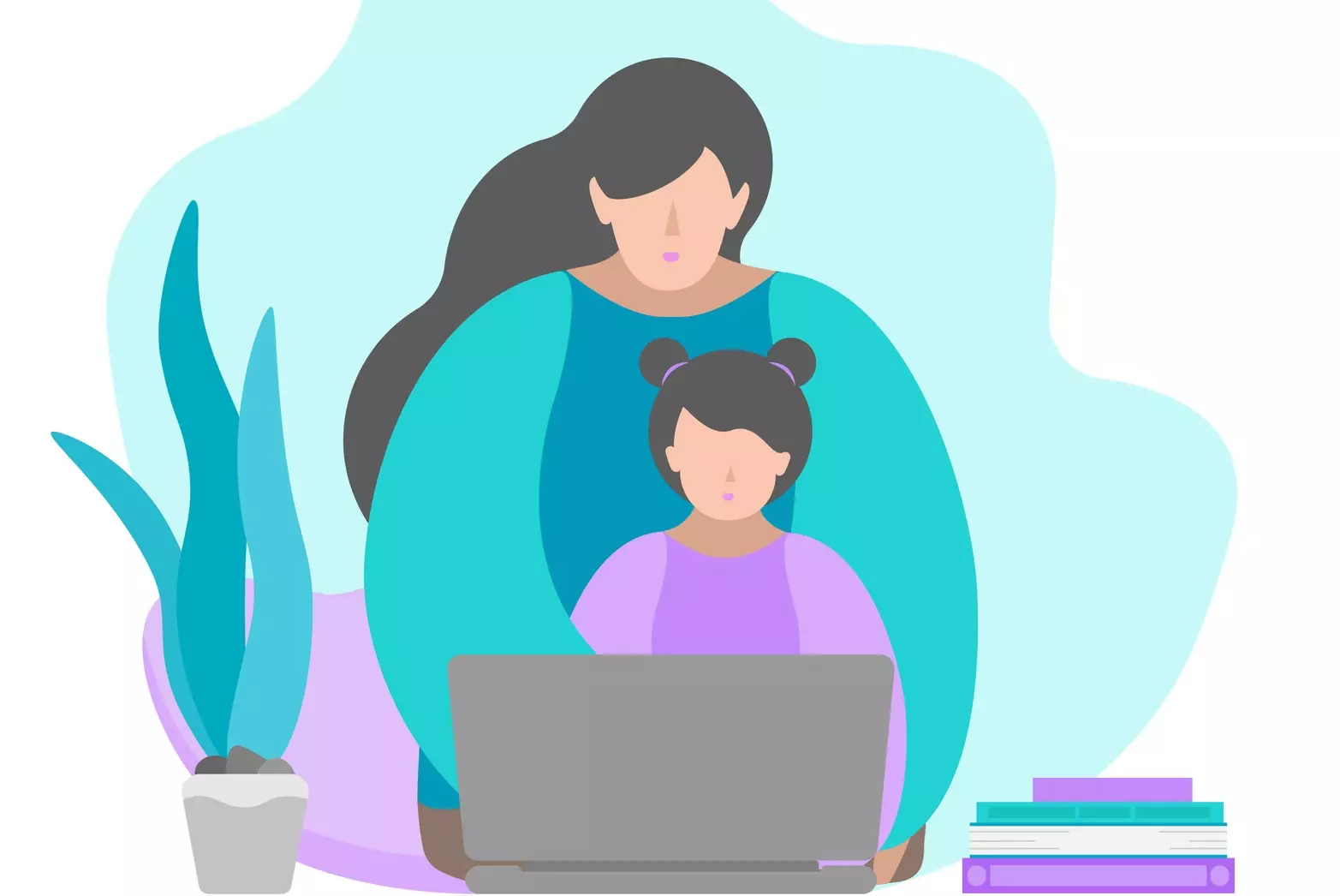 Ilustração de um pai e filho usando um laptop