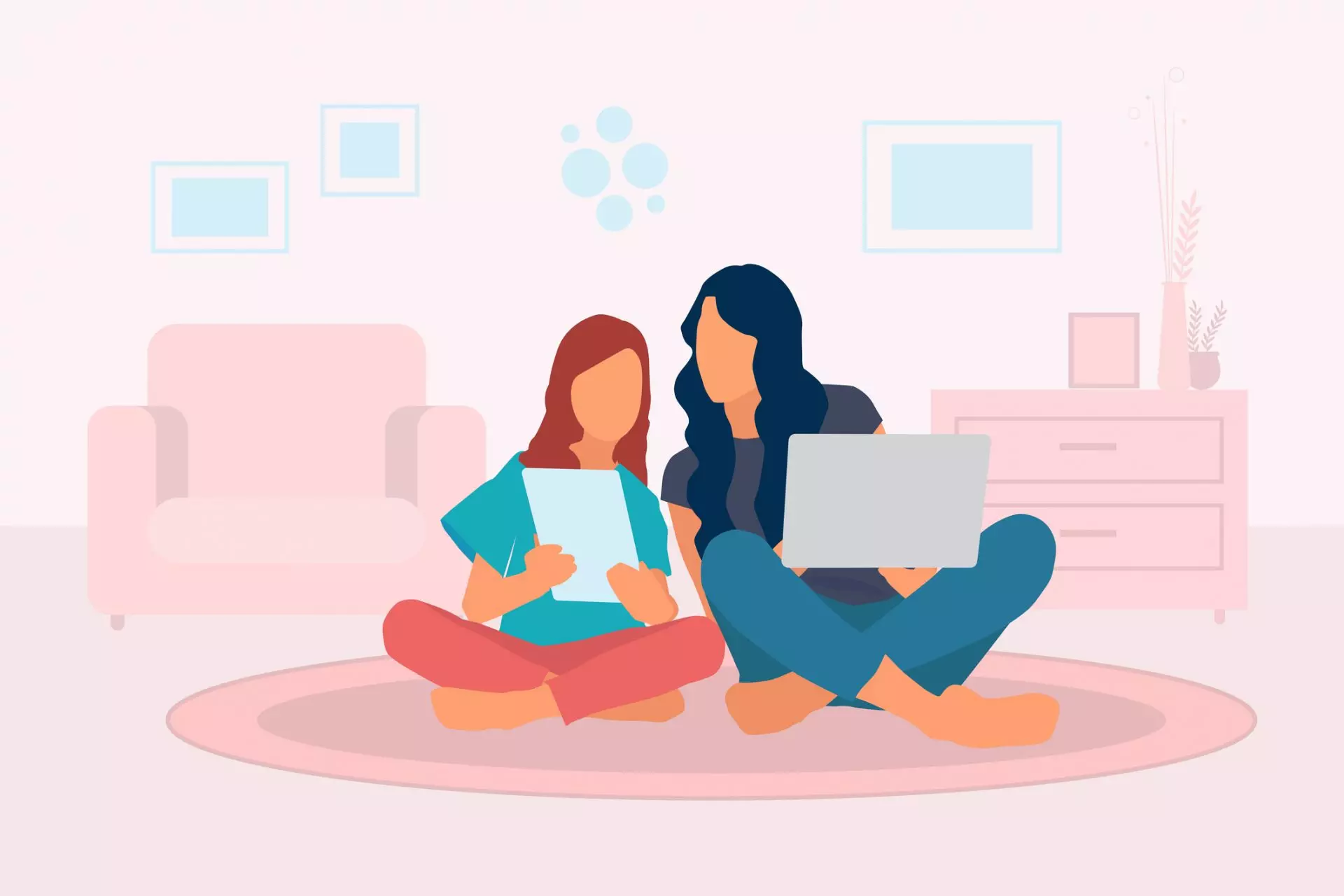 Matka a dcera s notebookem a digitálním tabletem v ruce sedí na podlaze doma v obývacím pokoji. Matka učí svou dceru koncept. Plochý design vektorové ilustrace