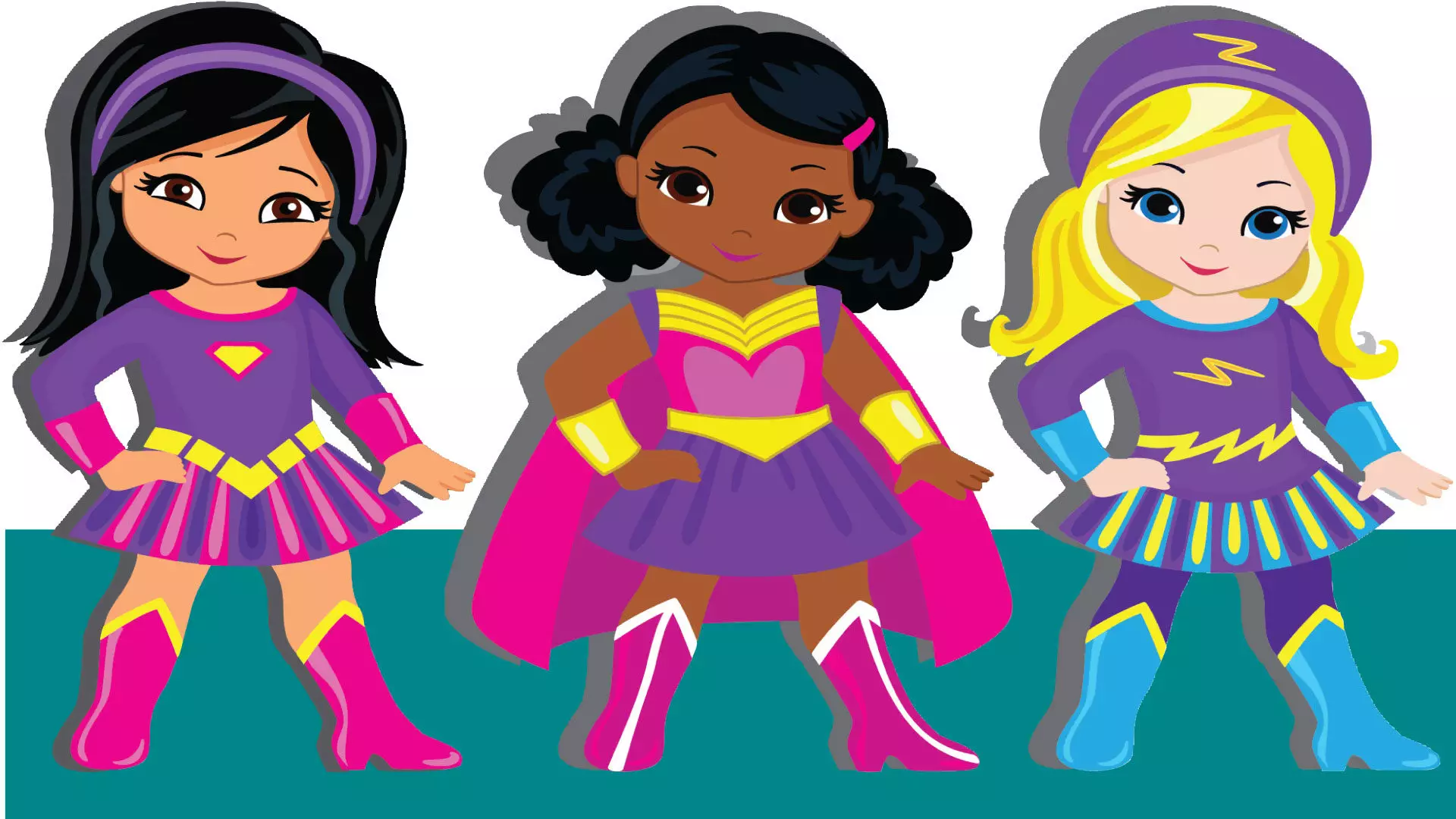 Tri mlada dekleta, oblečena v superjunake, s starši, ki so se naučili vzgajati samozavestne hčere